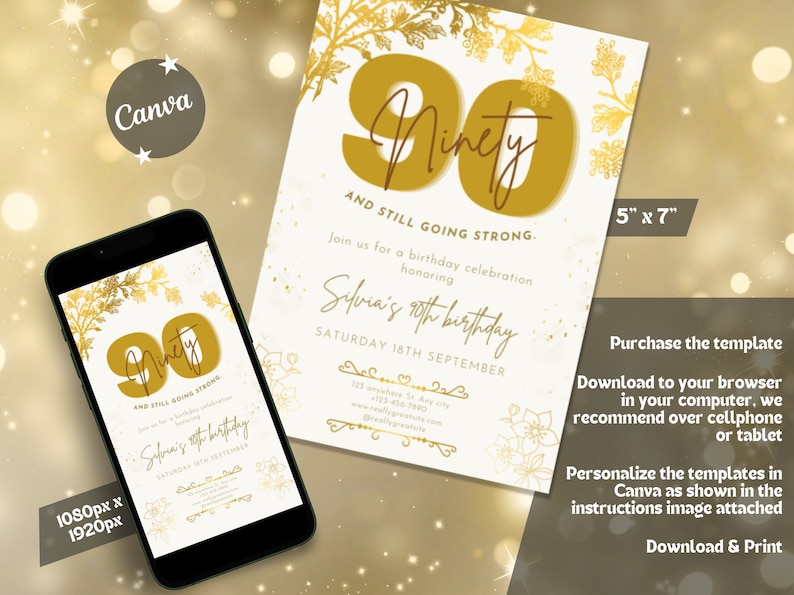 90th Birthday Invite, Elegant 90th Birthday Floral Invitation, Simple ...