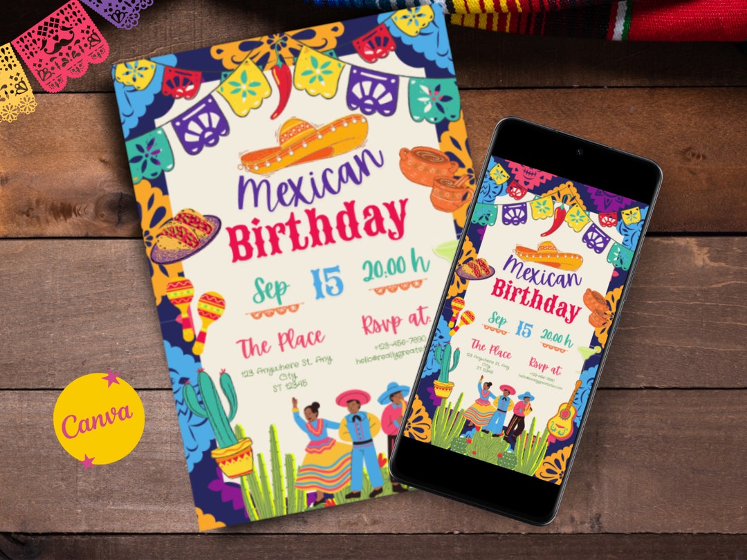 Fiesta Time Birthday Invitation Colorful Mexican Party Invite Mexican ...