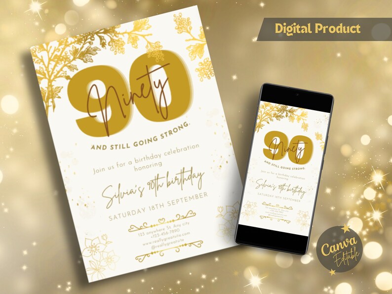 90th Birthday Invite, Elegant 90th Birthday Floral Invitation, Simple ...
