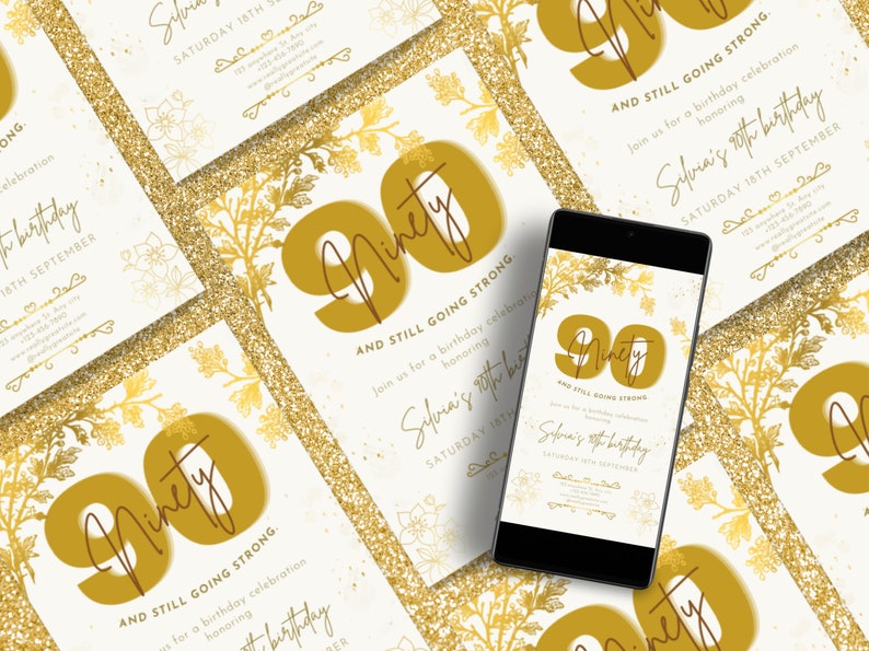90th Birthday Invite, Elegant 90th Birthday Floral Invitation, Simple ...