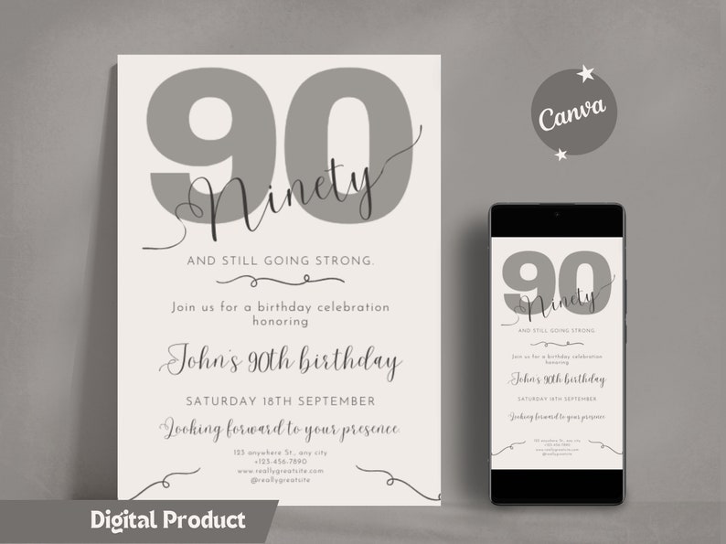 90th Birthday Invite, Elegant 90th Birthday Minimalist Invitation ...