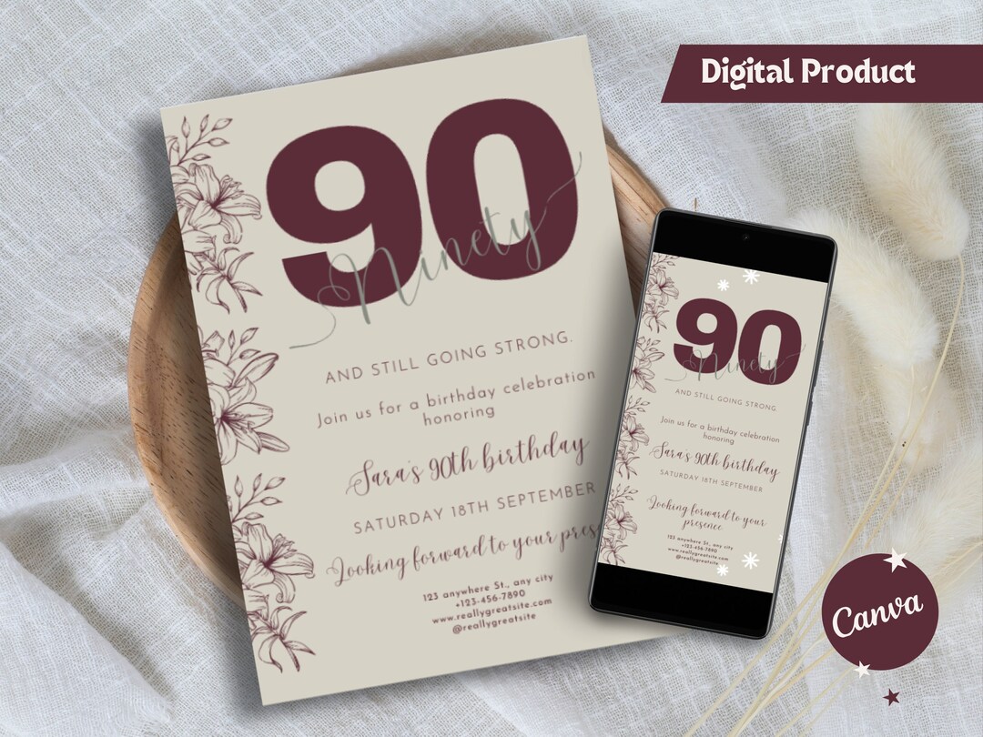 90th Birthday Invitation, Personalized 90th Birthday Party Invitation ...