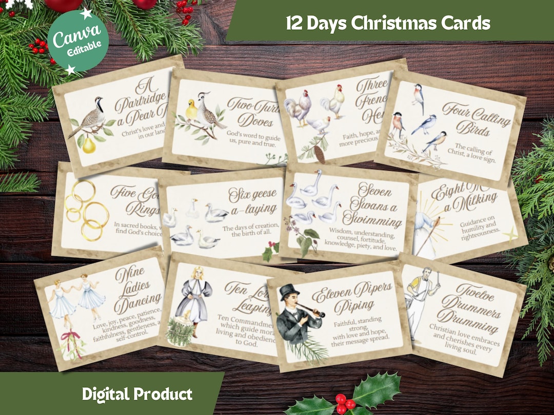 12 Days of Christmas Canva Editable Cards, Printable 12 Days Christmas ...