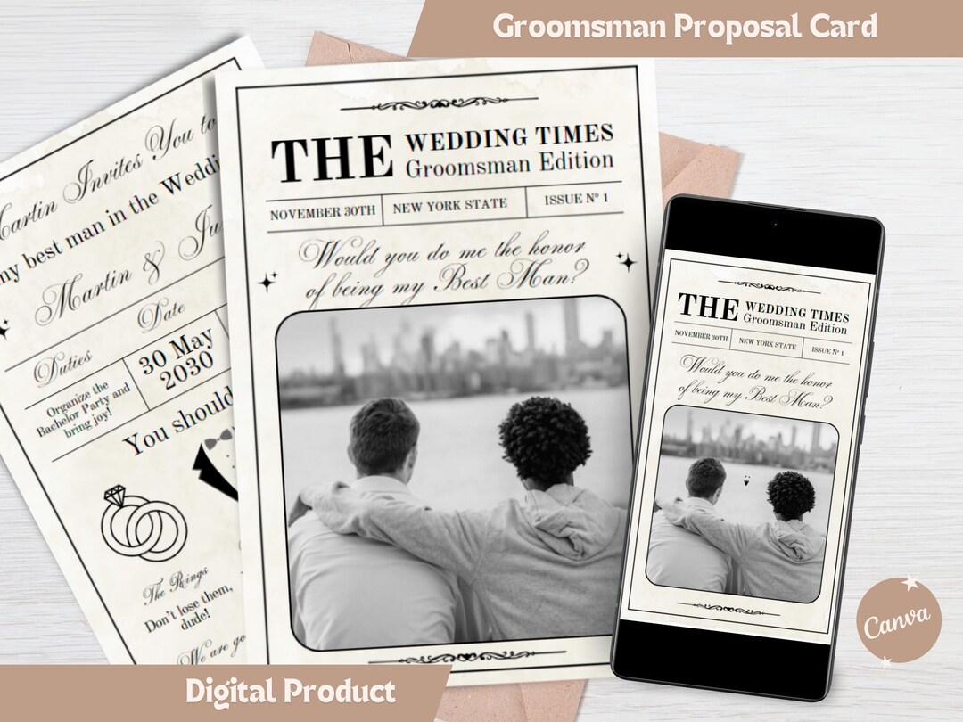 Groomsman Proposal Printable Card Template, Newspaper Wedding Style ...