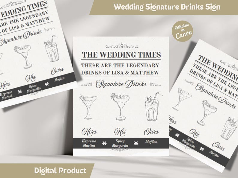 Wedding Newspaper Signature Drinks Sign Template, Vintage Newspaper ...