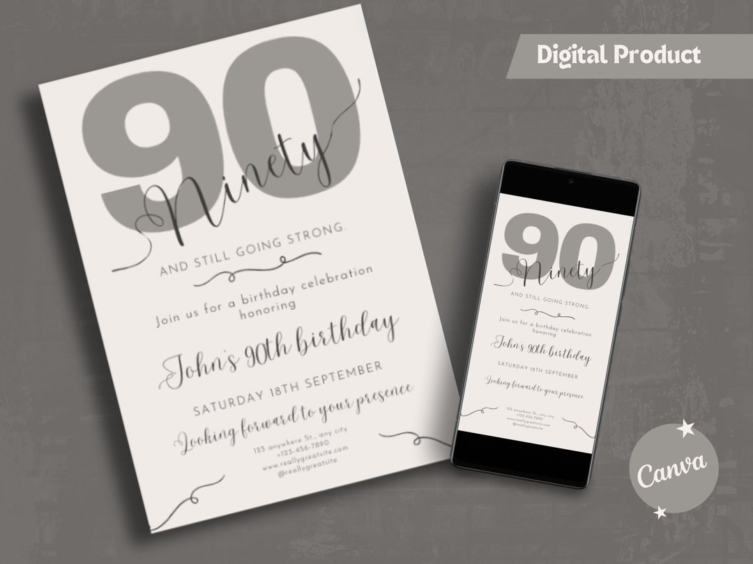 90th Birthday Invite, Elegant 90th Birthday Minimalist Invitation ...