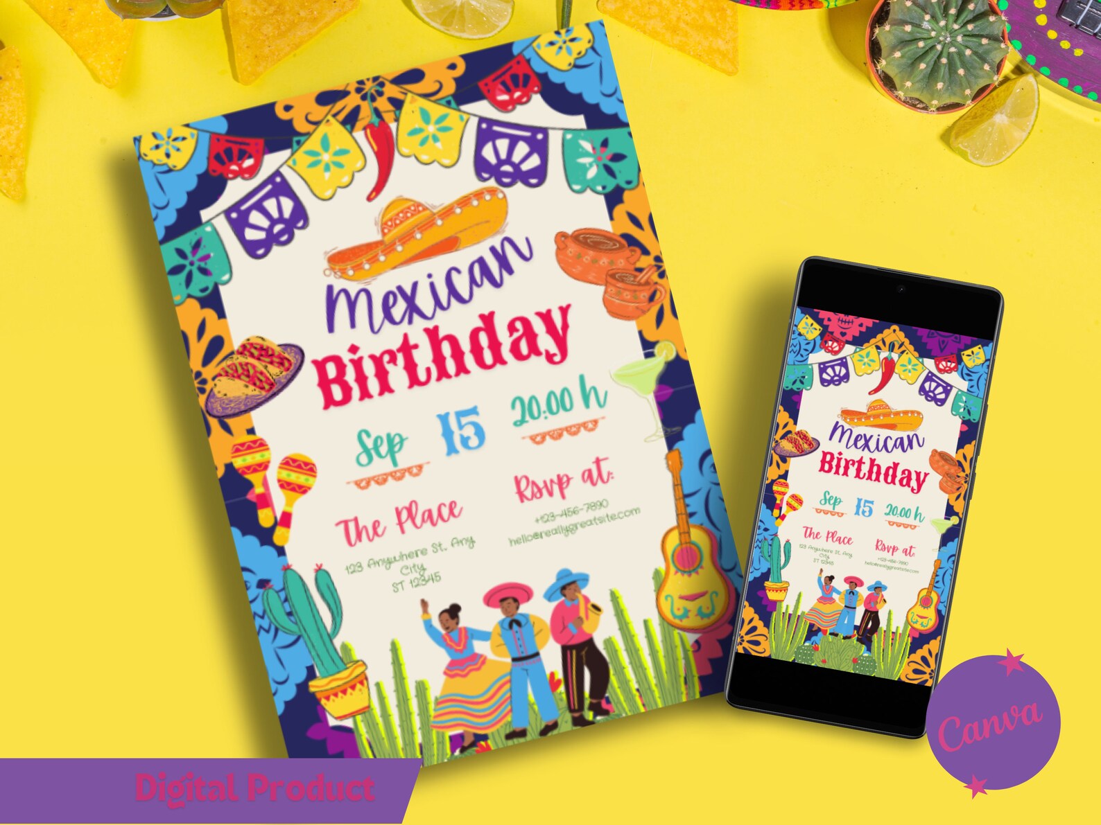Fiesta Time Birthday Invitation Colorful Mexican Party Invite Mexican ...