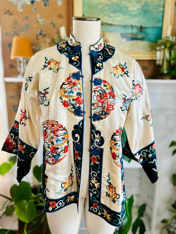 Vintage Asian Satin Long Embriodered Jacket/ Kimono/ … - Gem
