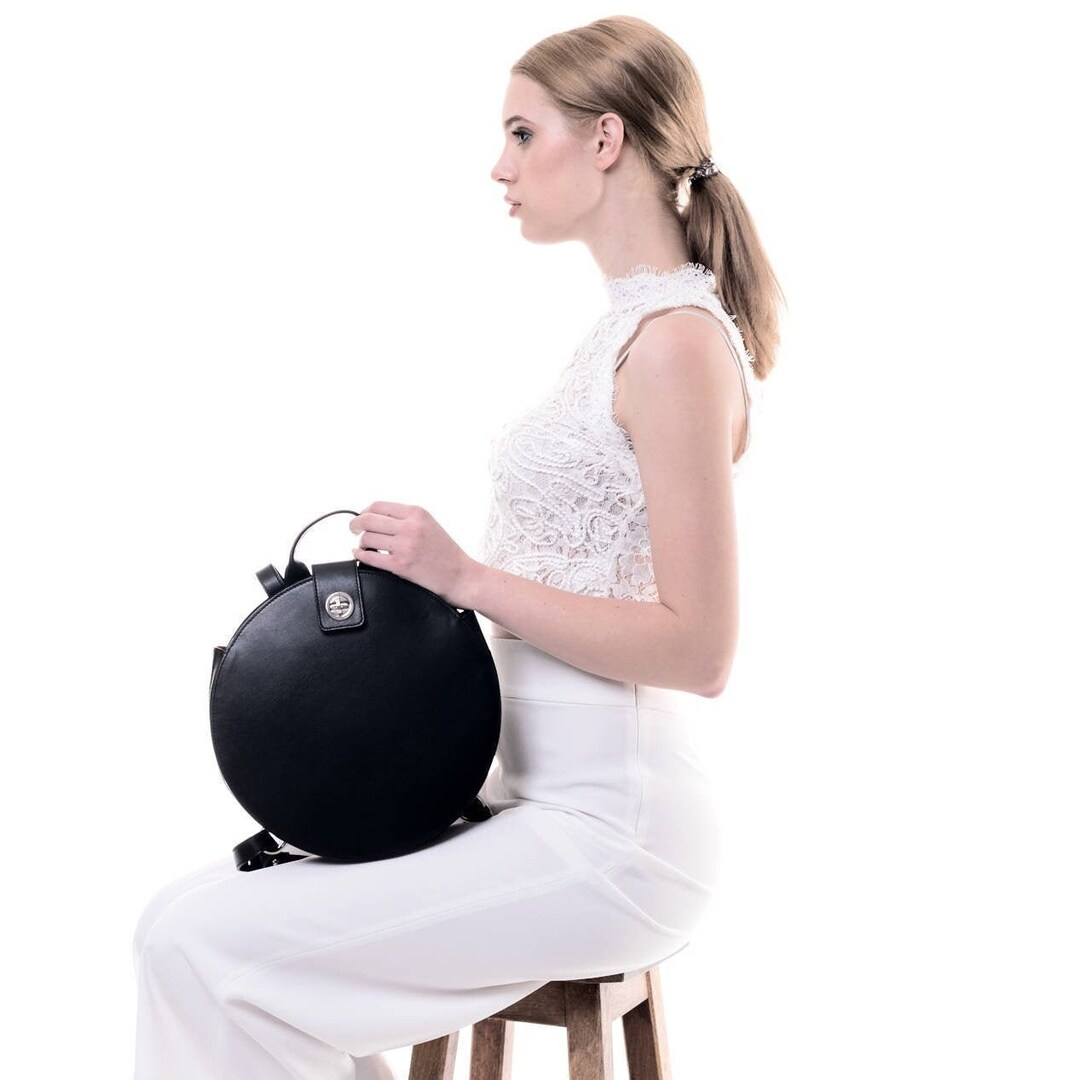 Black Leather Round Backpack for Women Minimalist Style - Etsy