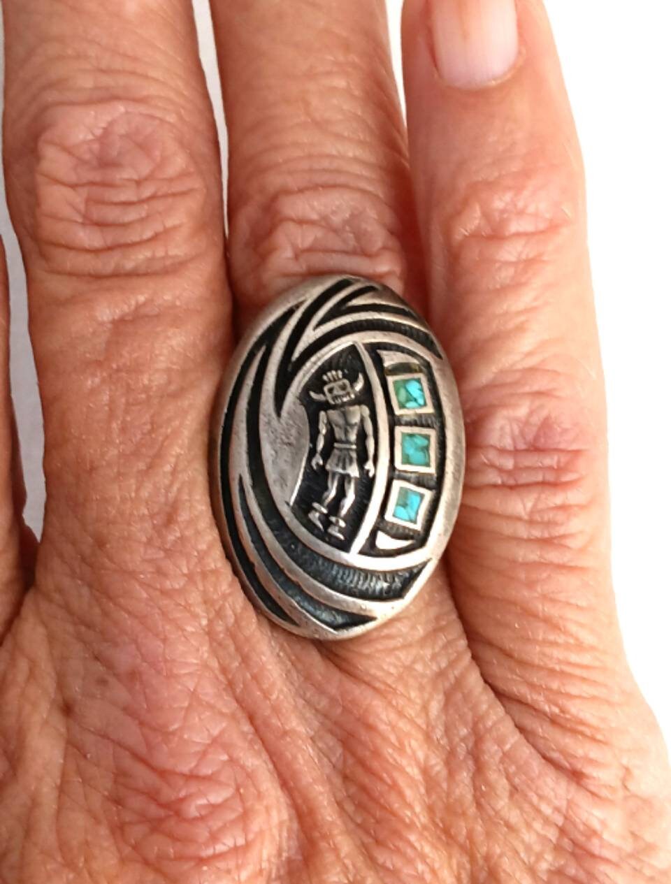 Hopi Kachina Turquoise Inlay Sterling Silver 925 Ring - Etsy
