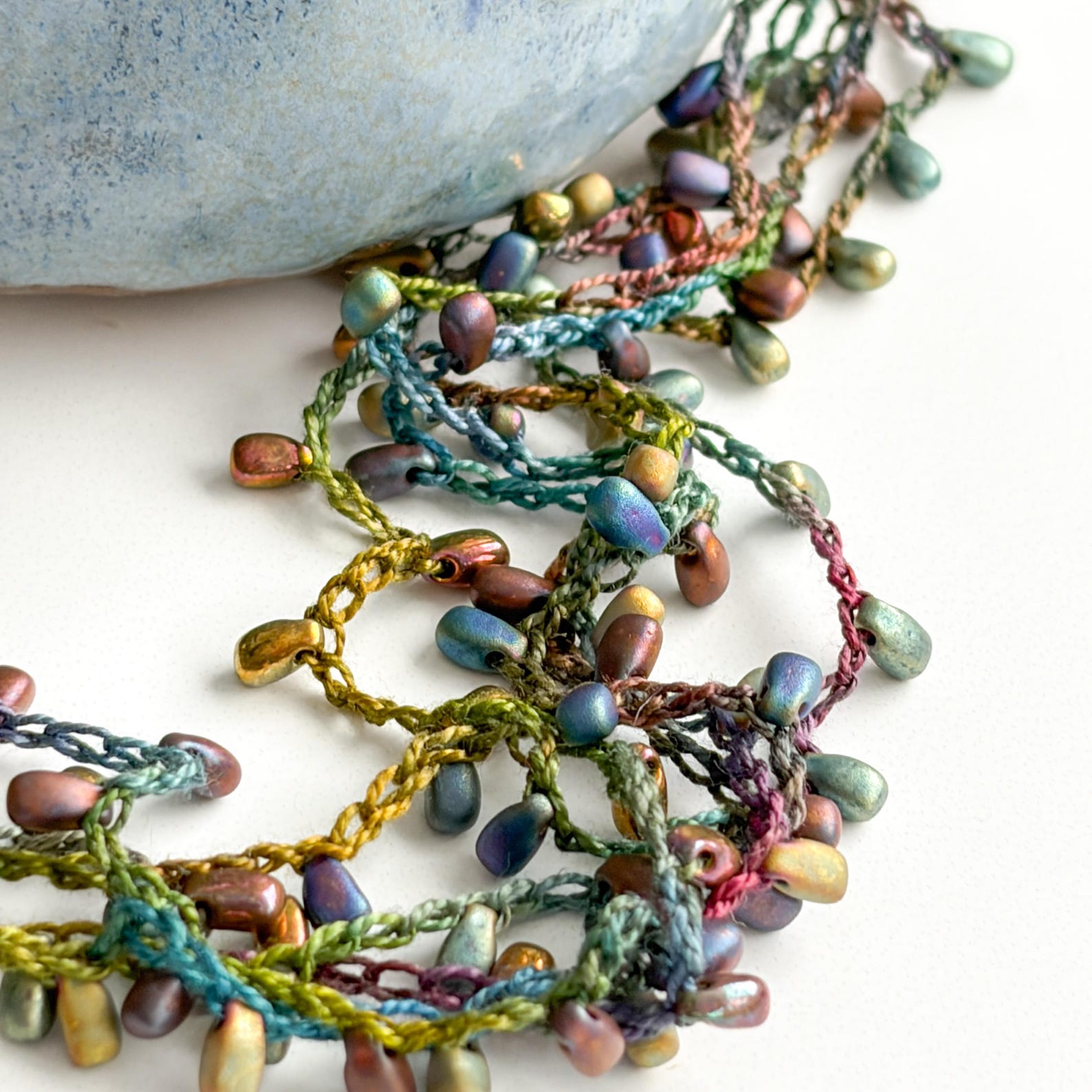 Multi-strand Bead Crochet Necklace: Multicolor Threads and Glass Drop ...