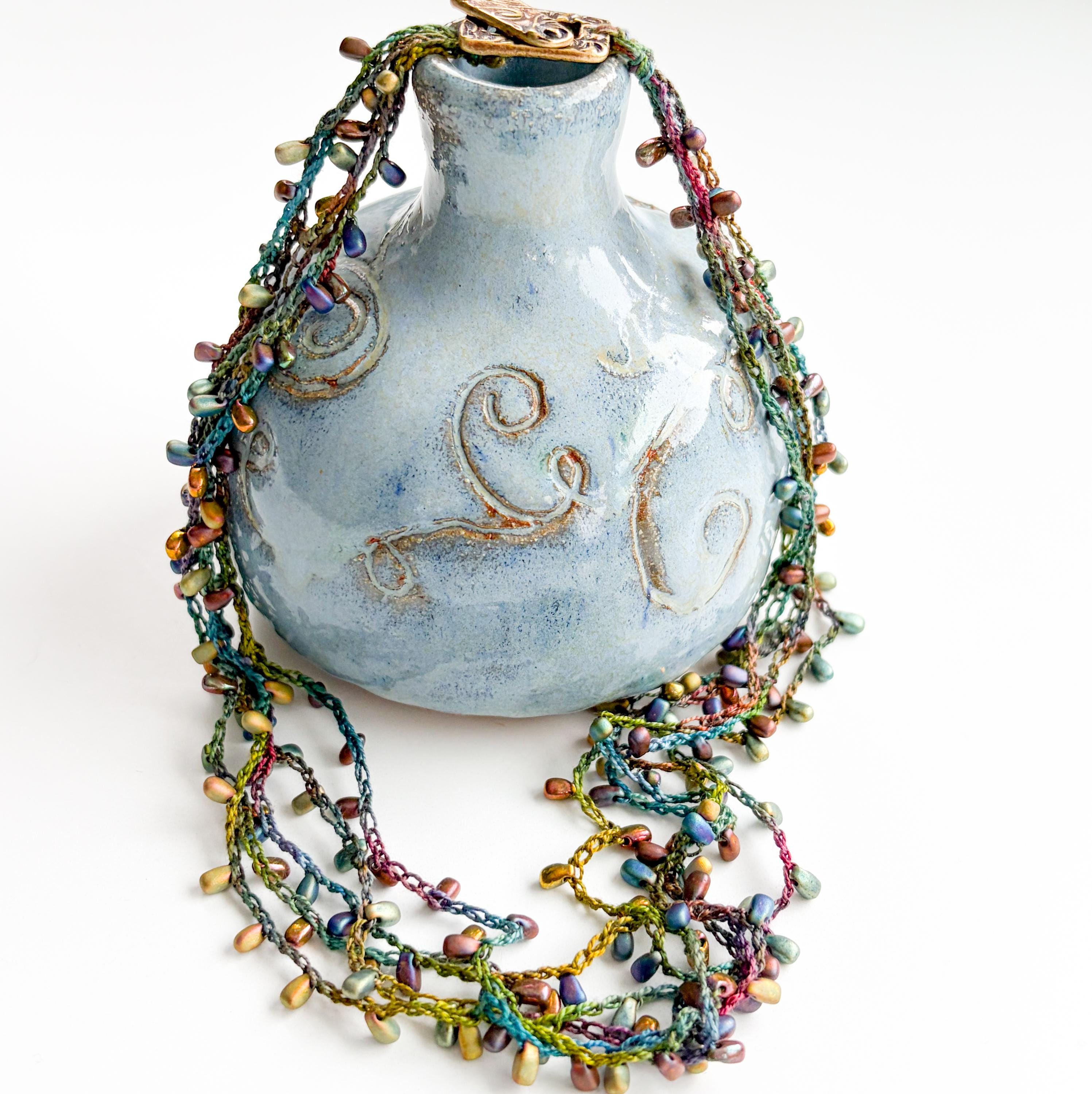 Multi-strand Bead Crochet Necklace: Multicolor Threads and Glass Drop ...