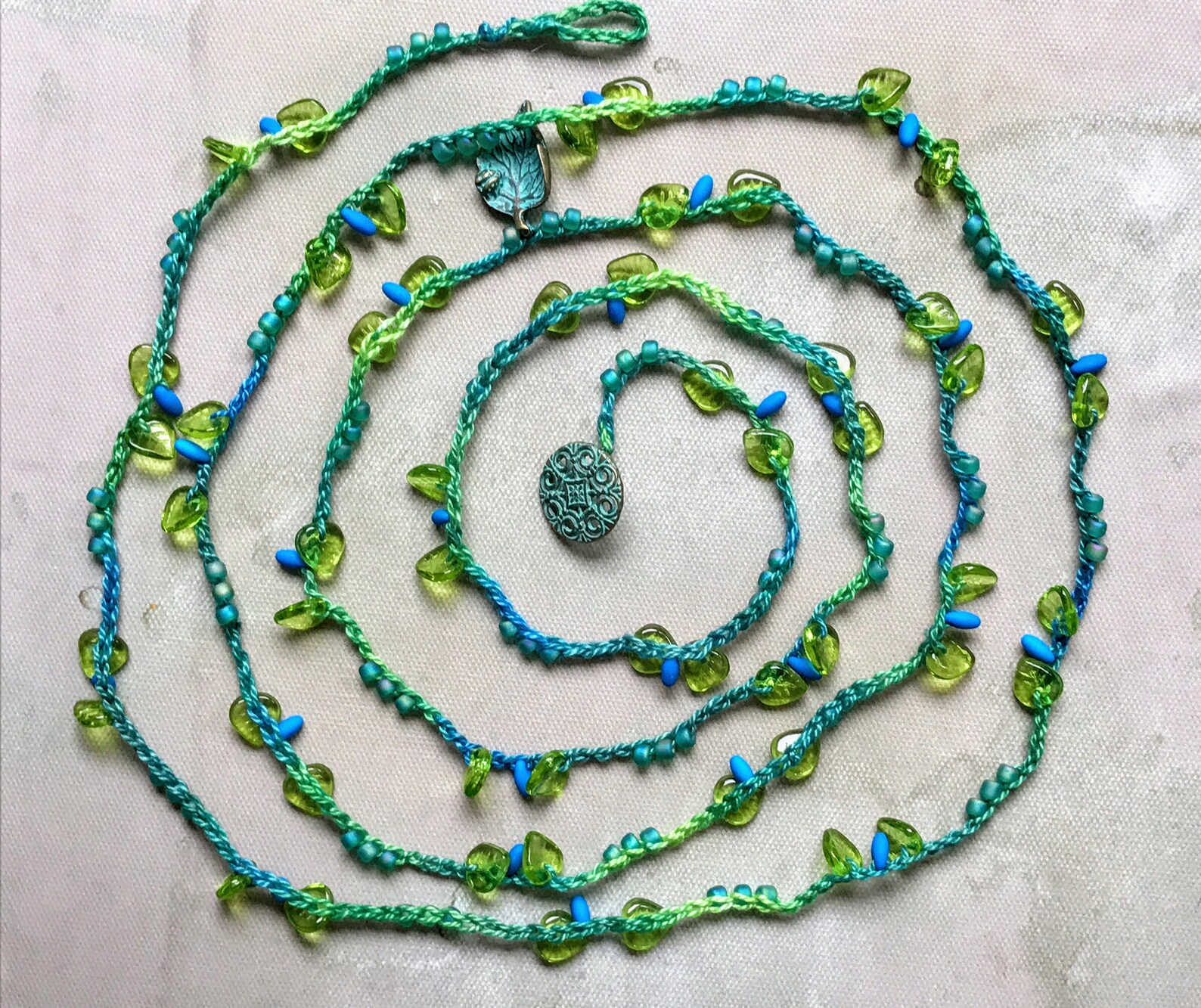 Beaded Blue Green Crochet Wrap Necklace With Glass Leaves, Verdigris ...