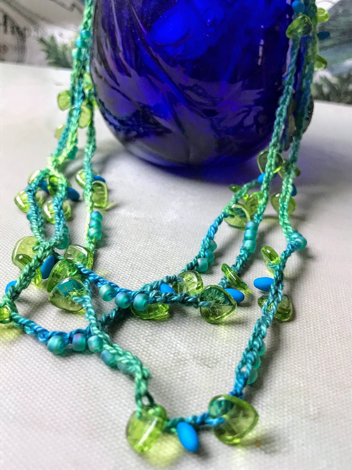 Beaded Blue Green Crochet Wrap Necklace With Glass Leaves, Verdigris ...