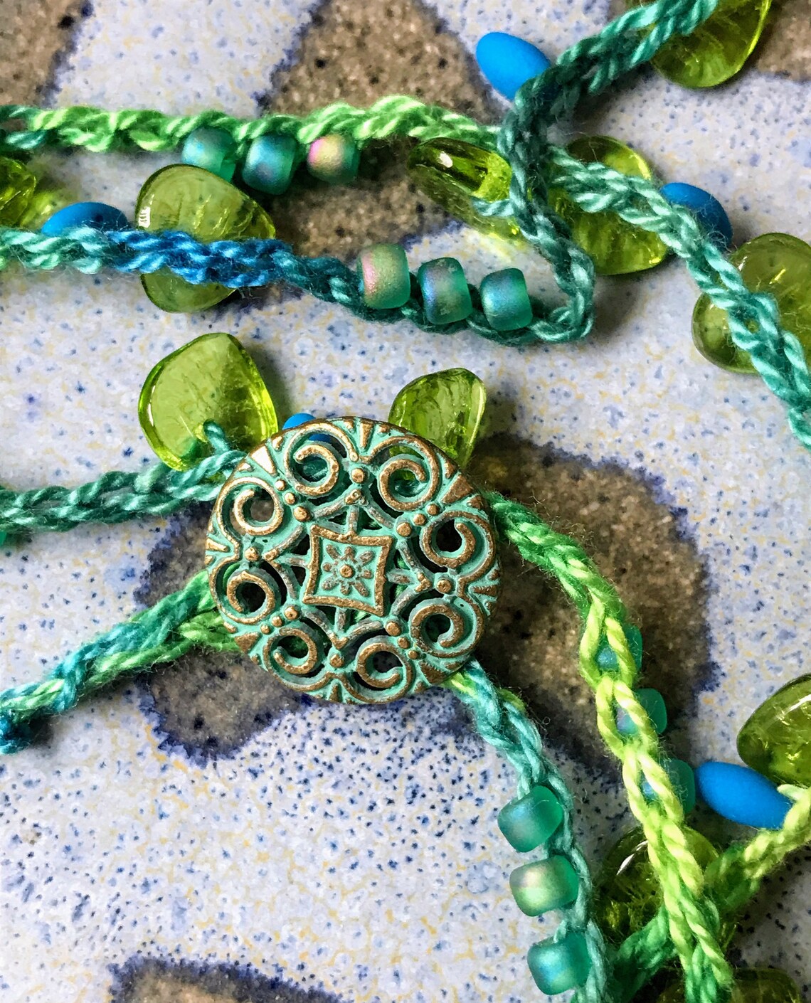 Beaded Blue Green Crochet Wrap Necklace With Glass Leaves, Verdigris ...