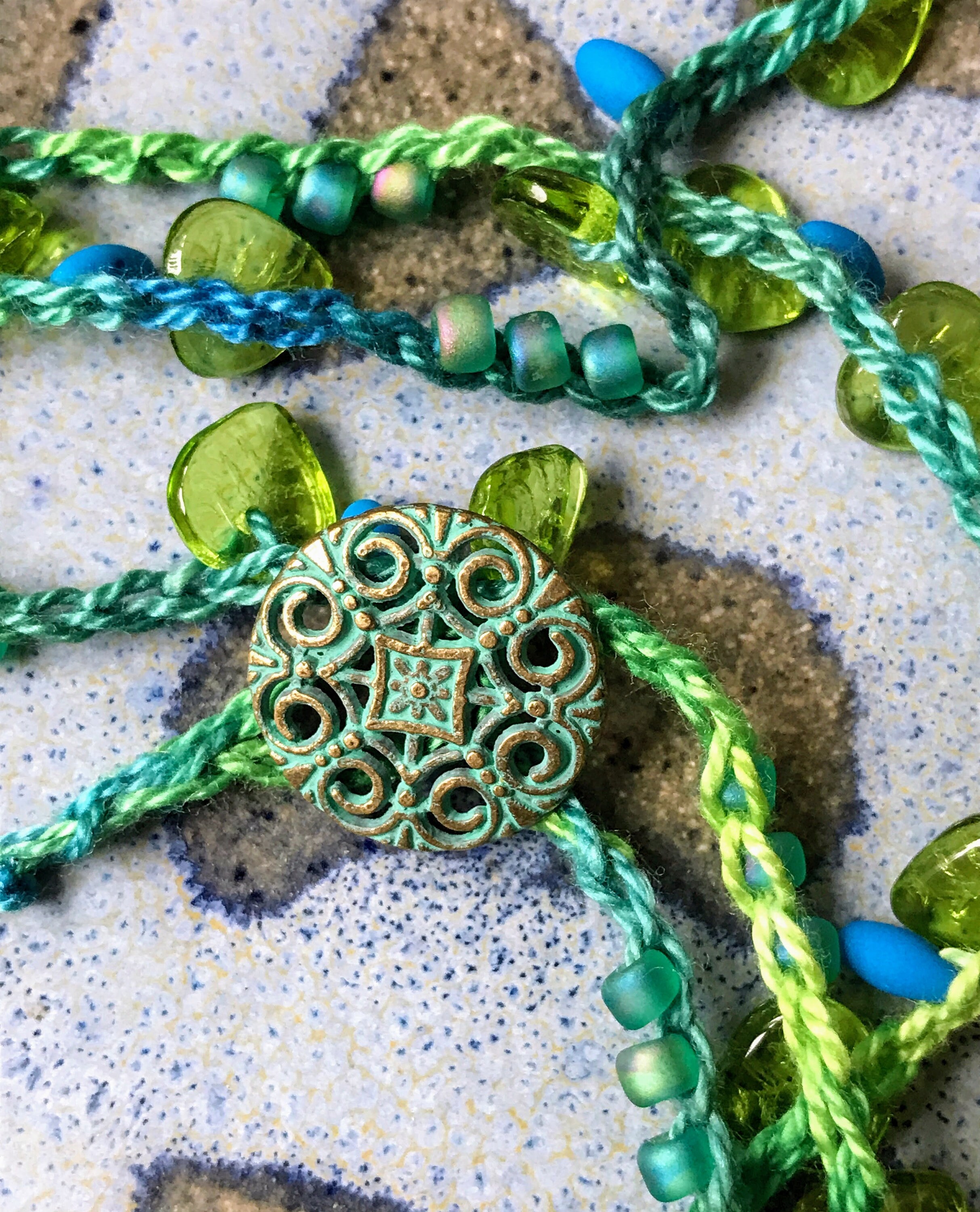 Beaded Blue Green Crochet Wrap Necklace With Glass Leaves, Verdigris ...