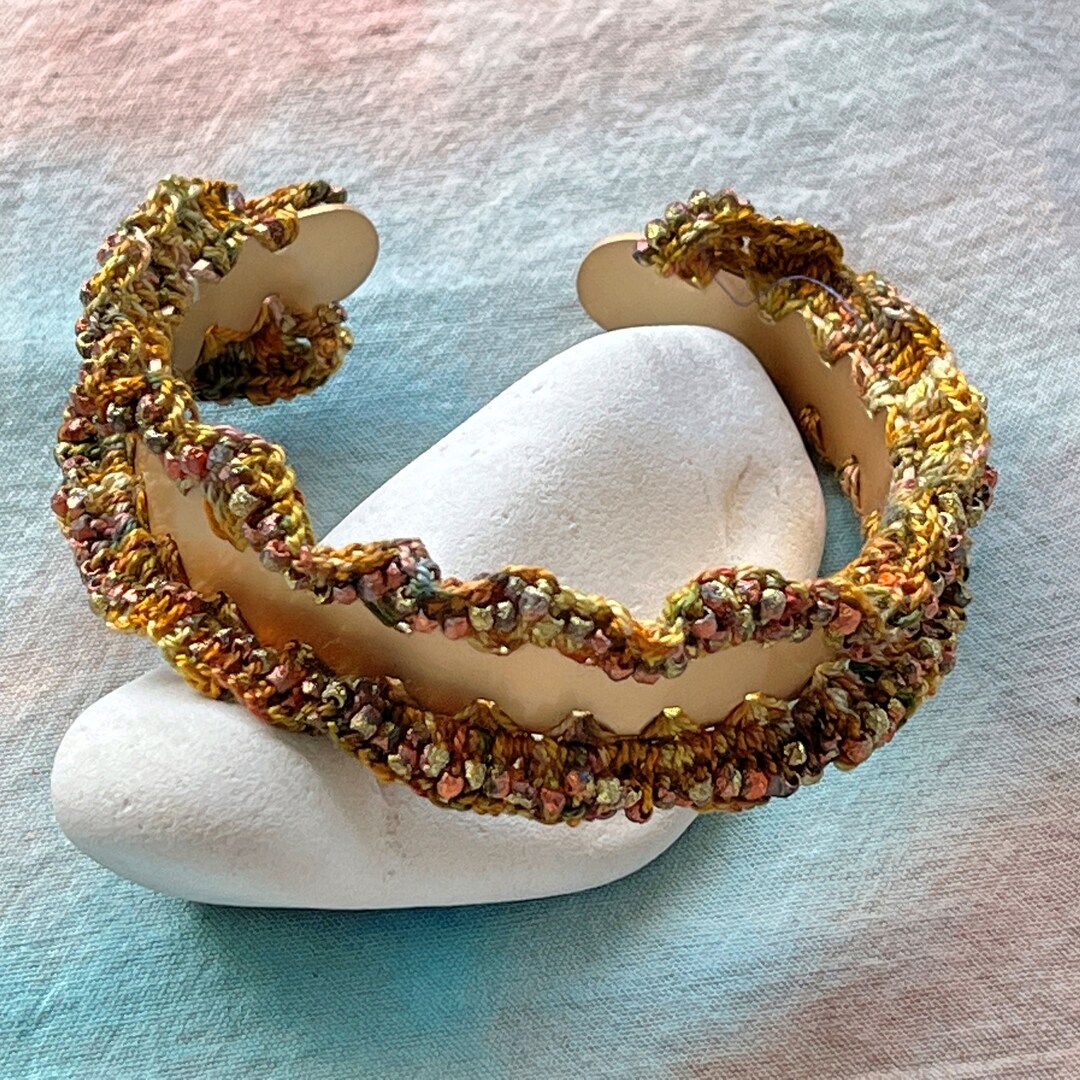 Gold Ruffle Beaded Cuff Bracelet- Satin Gold Metal- Hand Dyed Thread ...