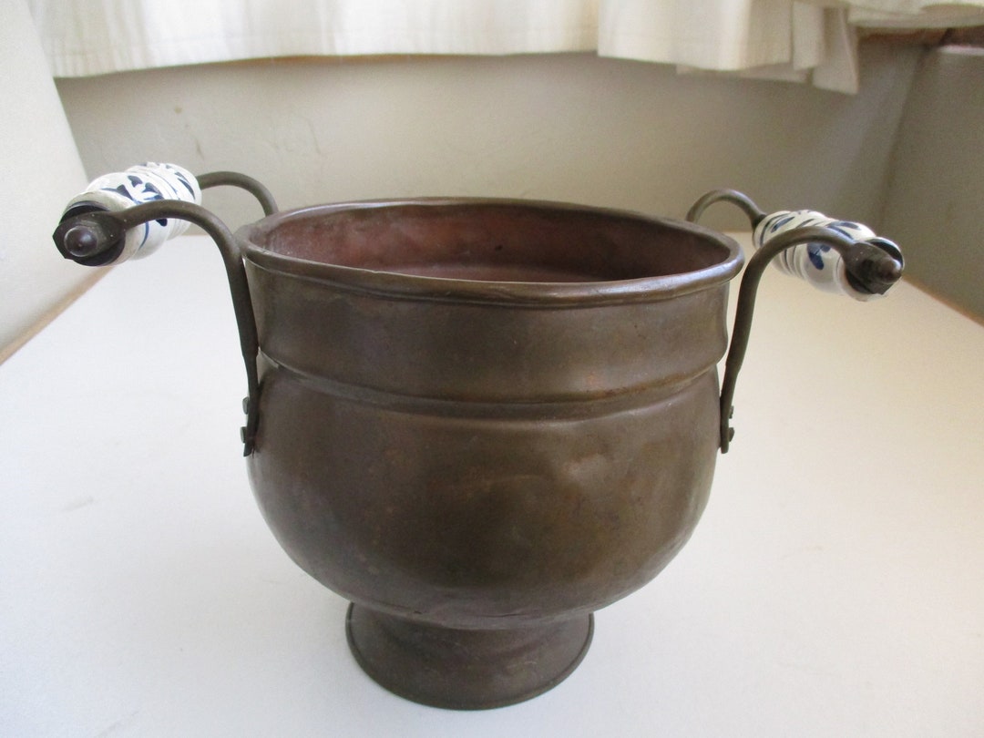 Vintage Hammered Brass Copper Container Two Delph Blue and White ...