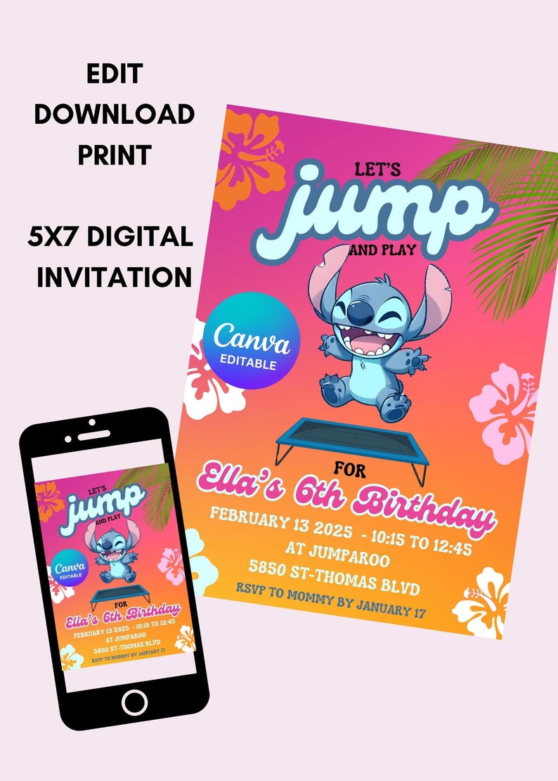 Editable Stitch Birthday Party Invitation Template, Trampoline Birthday ...