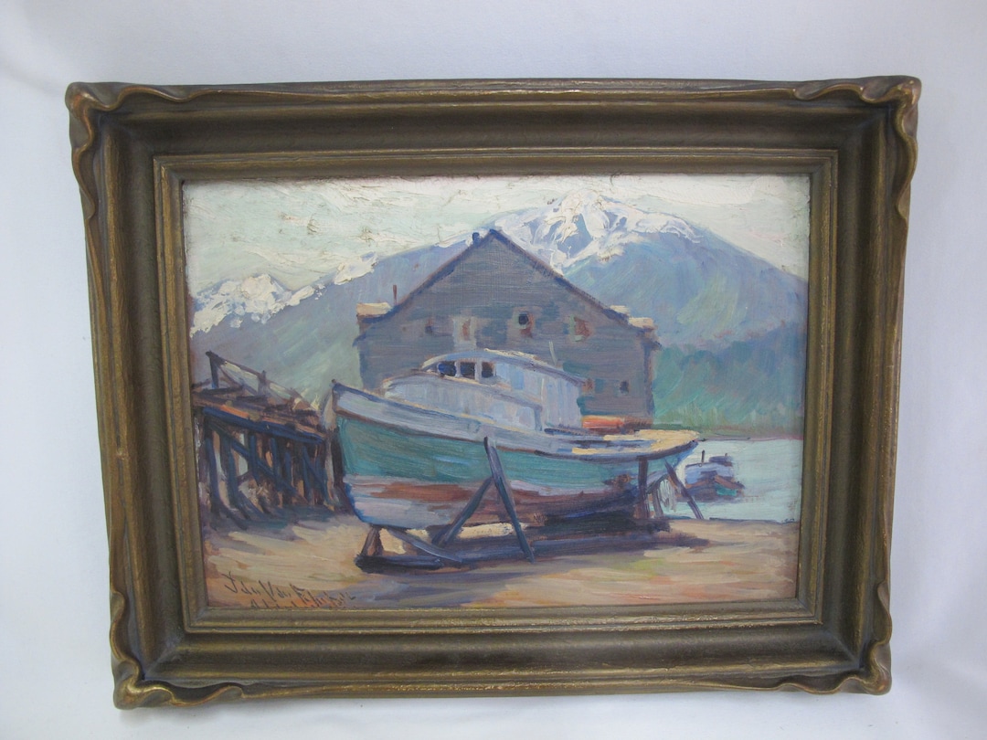 Alaskan Artist JAN VAN EMPEL Signed Original Boat Mt Jumbo Juneau Oil ...