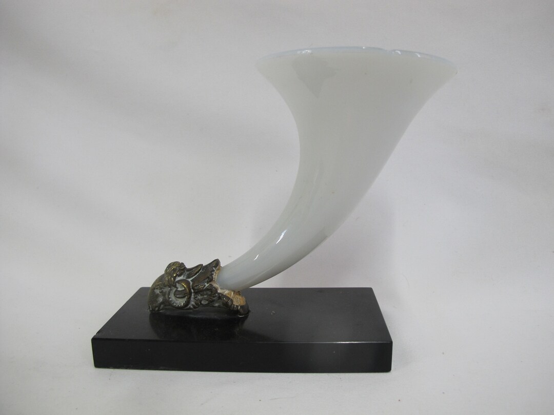 VICTORIAN Milk Glass CORNUCOPIA Vase Bronze Mounted RAMS Head on Marble ...
