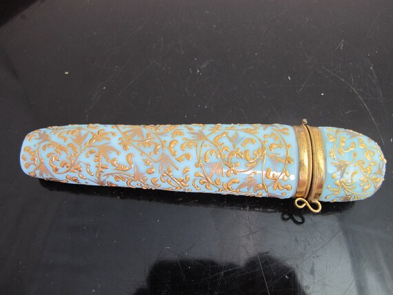 Vintage Robin Egg Blue Glass GILT Flower Elongated PE… - Gem