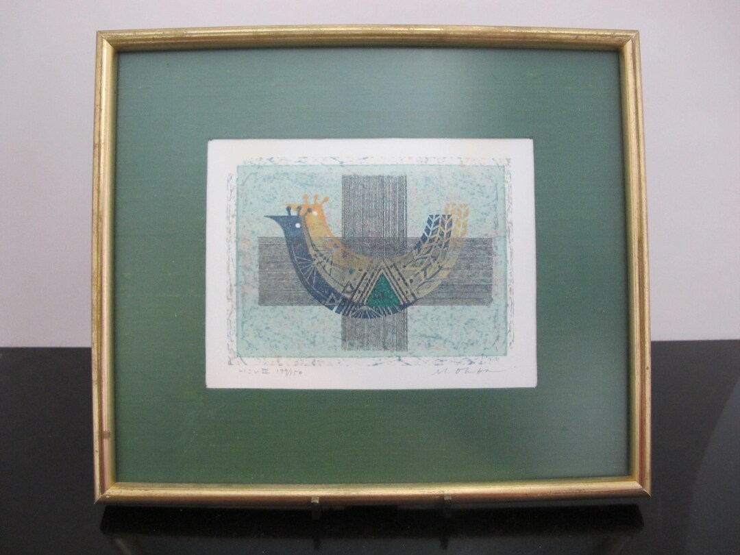 MASAO OHBA Japanese Signed Framed Silkscreen 2 BIRDS & Cross Art Print ...
