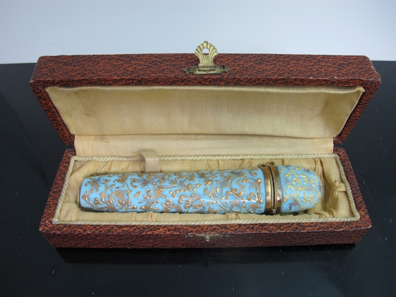 Vintage Robin Egg Blue Glass GILT Flower Elongated PE… - Gem