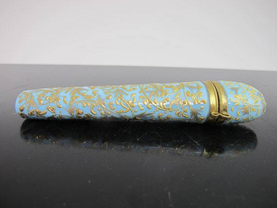 Vintage Robin Egg Blue Glass GILT Flower Elongated PE… - Gem