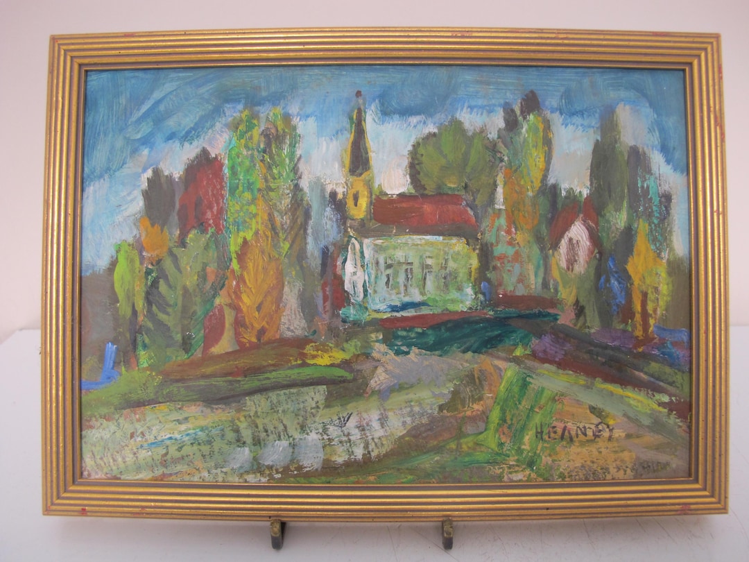 Charles HEANEY Oregon Signed Impressionist Village OLD CHURCH Casein ...