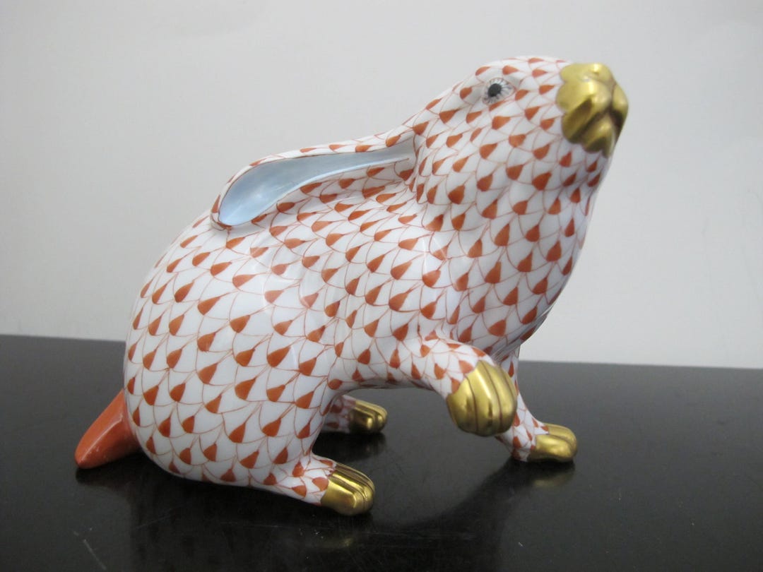 HEREND Red Rust Fishnet Porcelain Ears Down Large RABBIT 5" Figurine - Etsy