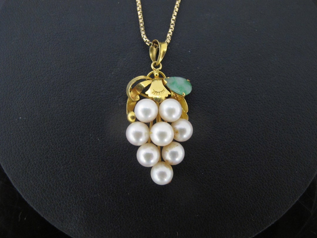 Vintage 18k Yellow Gold PEARL & JADE Grape Cluster Pendant W/14k Chain ...