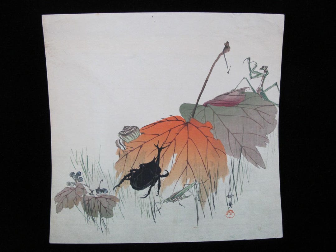 Kogyo TERAZAKI Japanese Meiji Woodblock Print INSECTS & AUTUMN Leaves ...