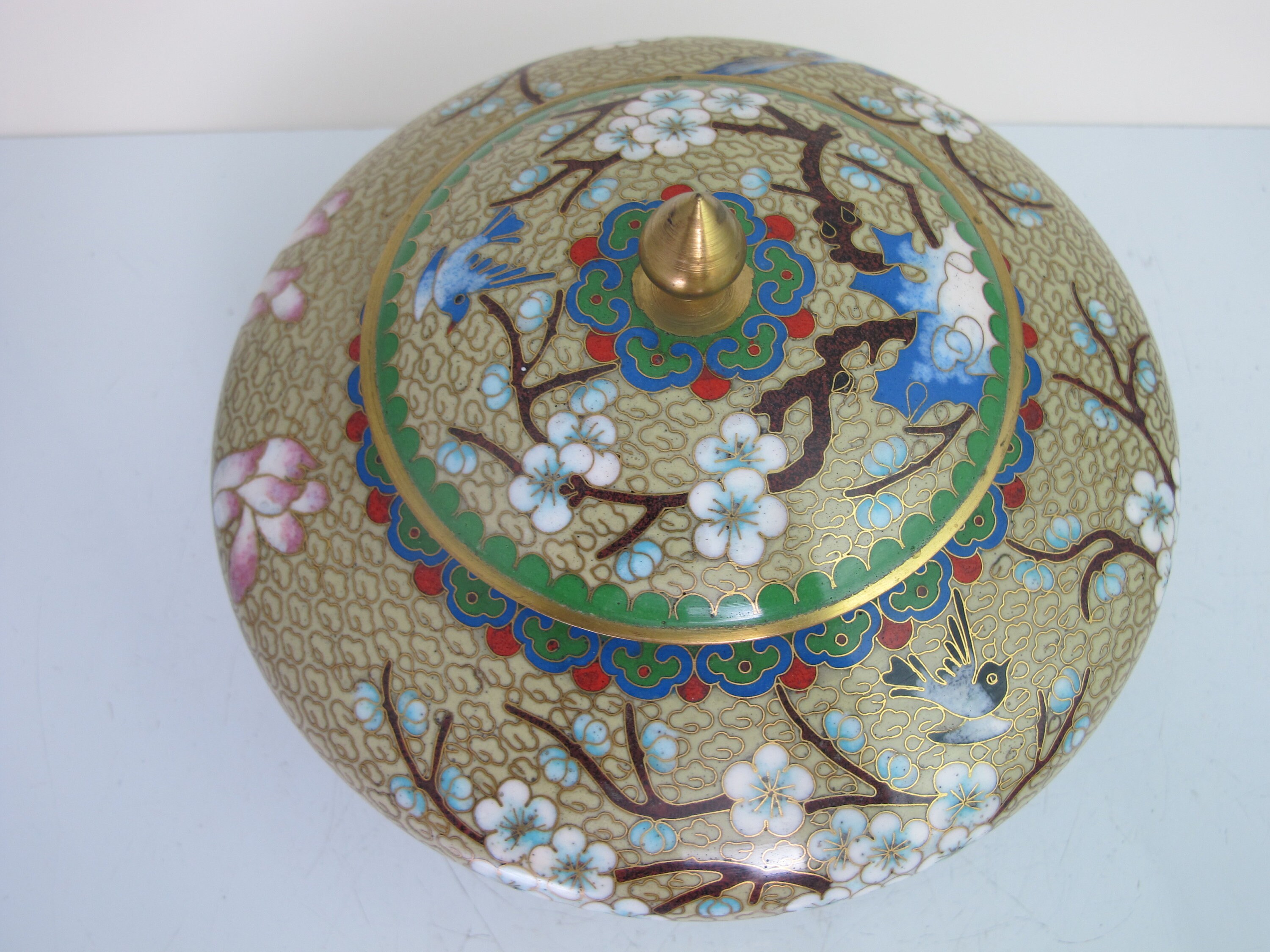 CHINESE Enamel Blue BIRD & BLOSSOMS Cloisonne Metal Jar Bowl W/ Lid - Etsy