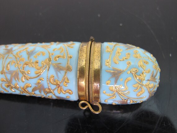 Vintage Robin Egg Blue Glass GILT Flower Elongated PE… - Gem