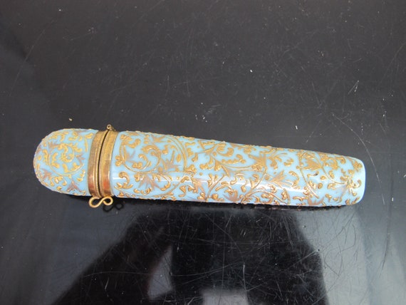 Vintage Robin Egg Blue Glass GILT Flower Elongated PE… - Gem