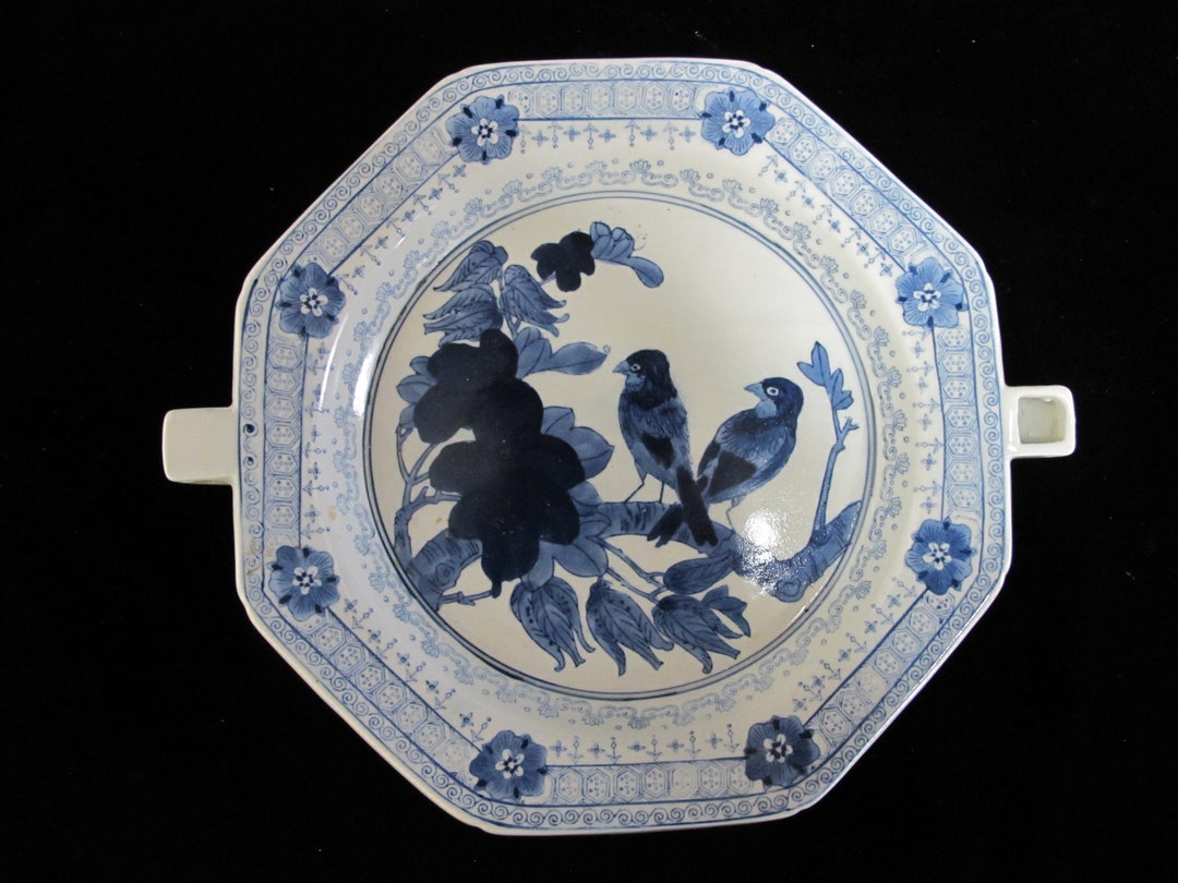 CHINESE Blue & White Porcelain BIRDS on Branch Warming Dish 11 1/4 ...
