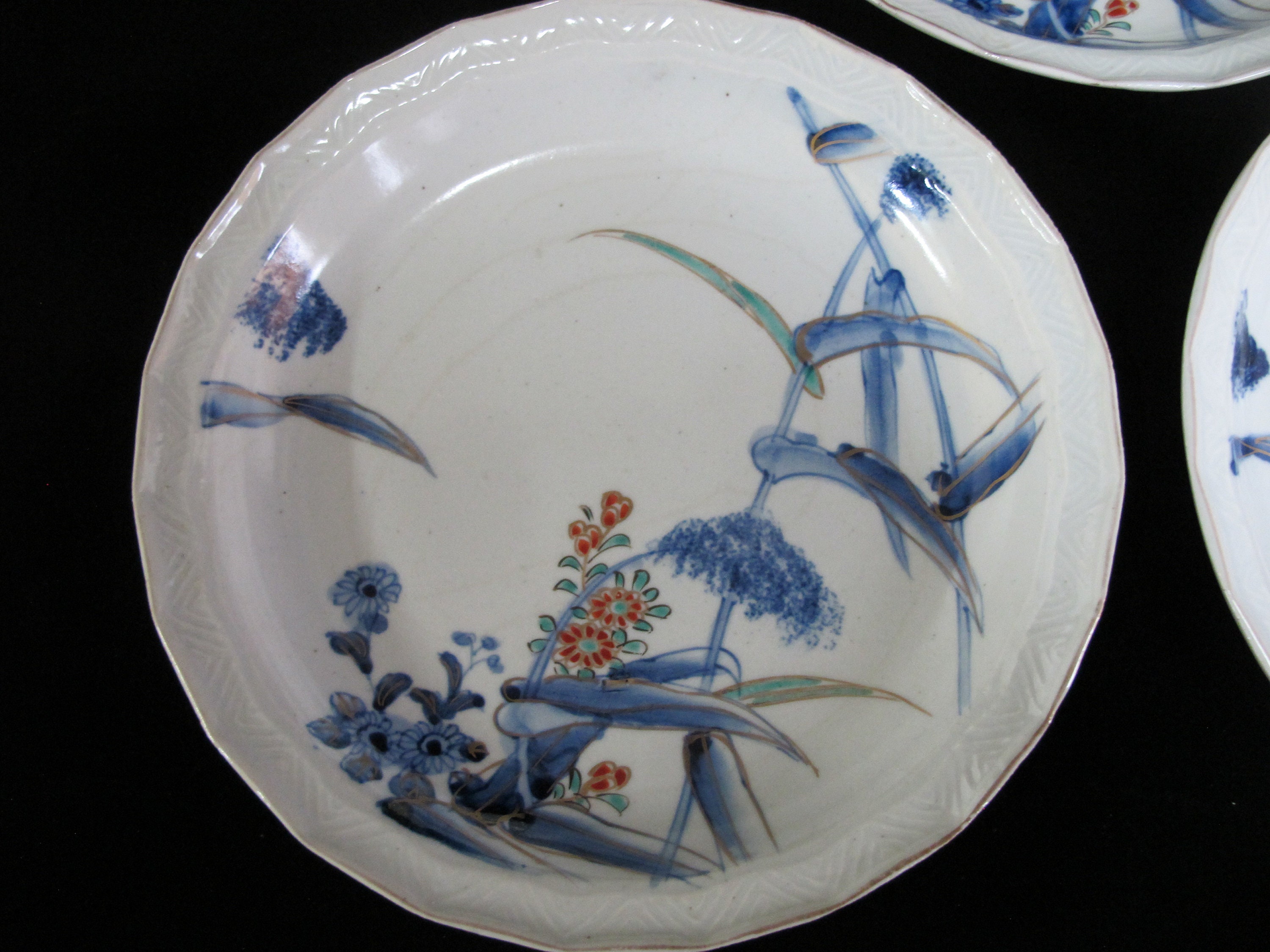 JAPANESE Arita Blue Porcelain Flower Scallop Rim KAKIEMON Plate Set of ...