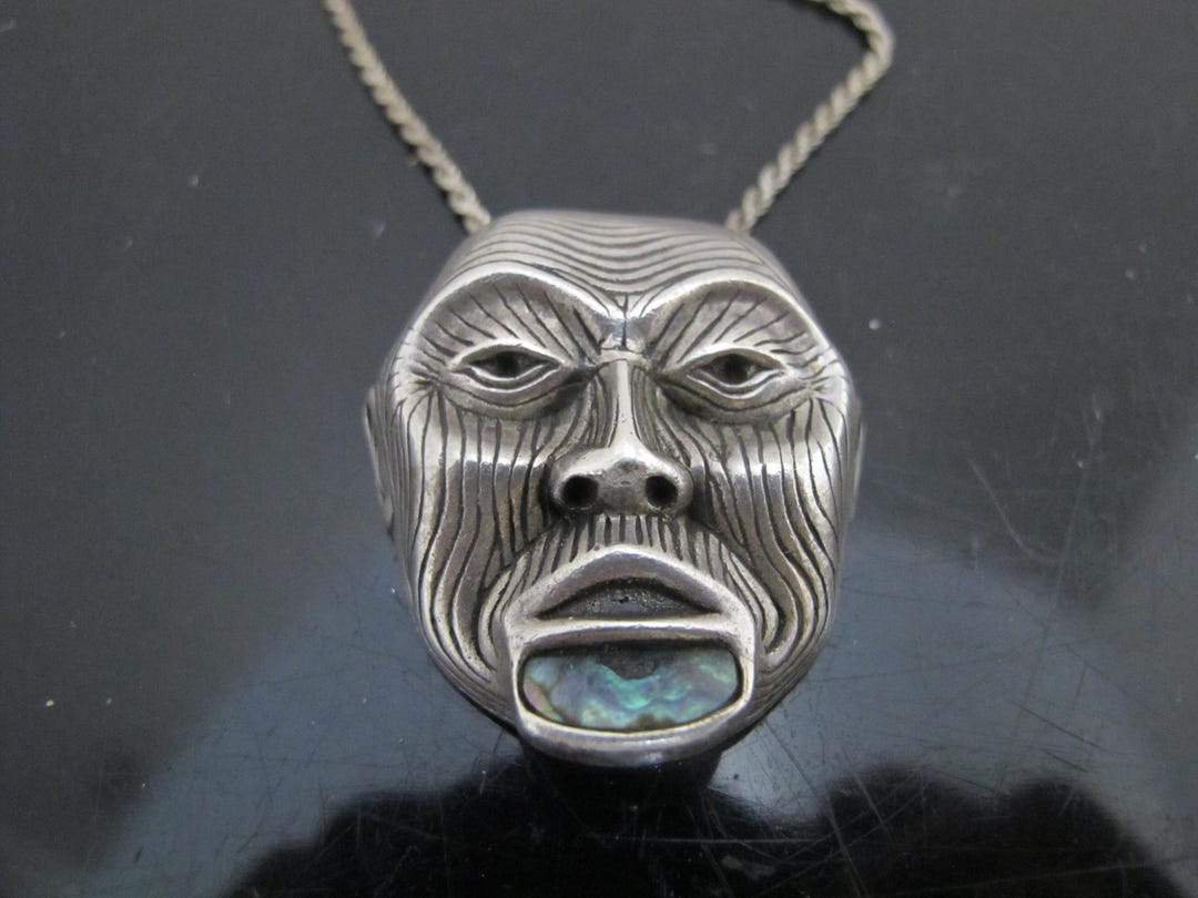 NATIVE American Inlaid ABALONE Shell Sterling Silver MASK Pendant Chain ...
