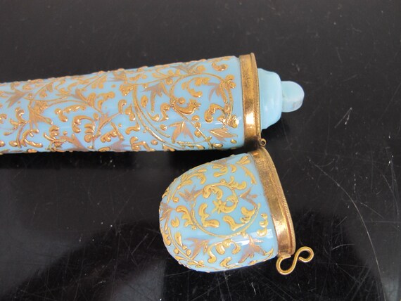Vintage Robin Egg Blue Glass GILT Flower Elongated PE… - Gem