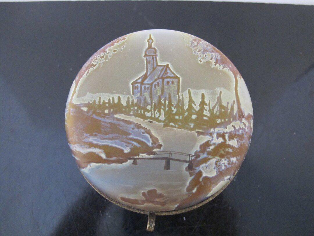 Antique BEYERMANN Haida Glass ART NOUVEAU Church Scene Hinged Lid Box ...