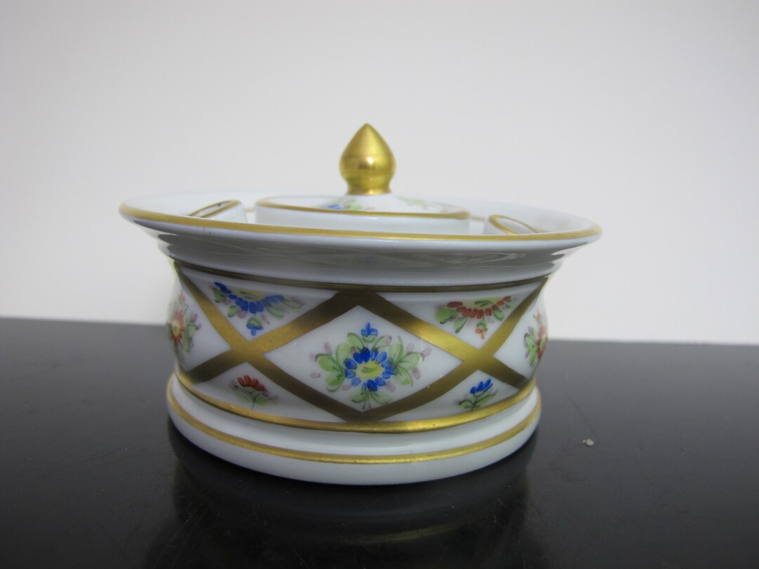 DECOR Main France Sevres Style Porcelain Gold Gilt Flower INKWELL Jar ...