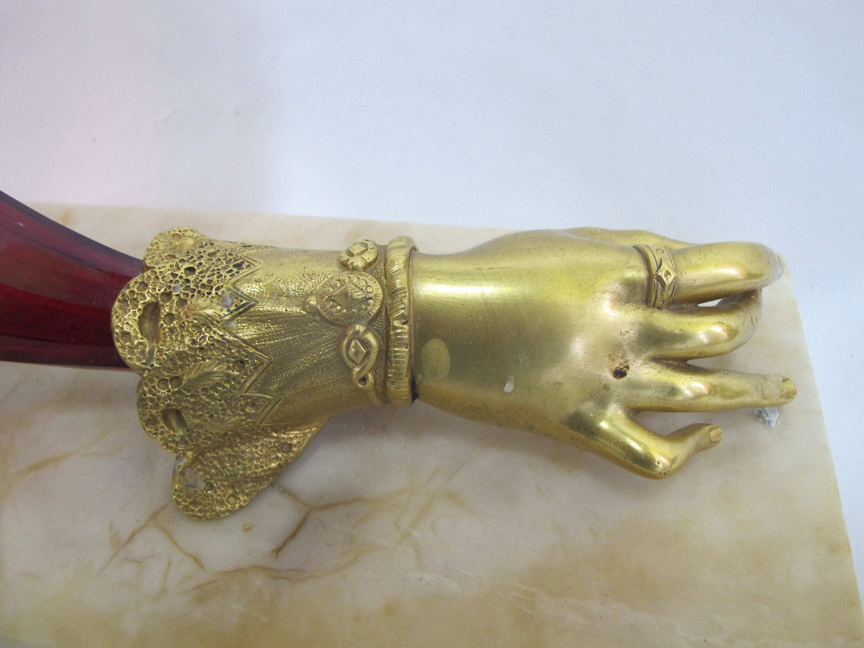 VICTORIAN Cranberry Glass CORNUCOPIA Gilt Bronze HANDS Vase Pair on ...