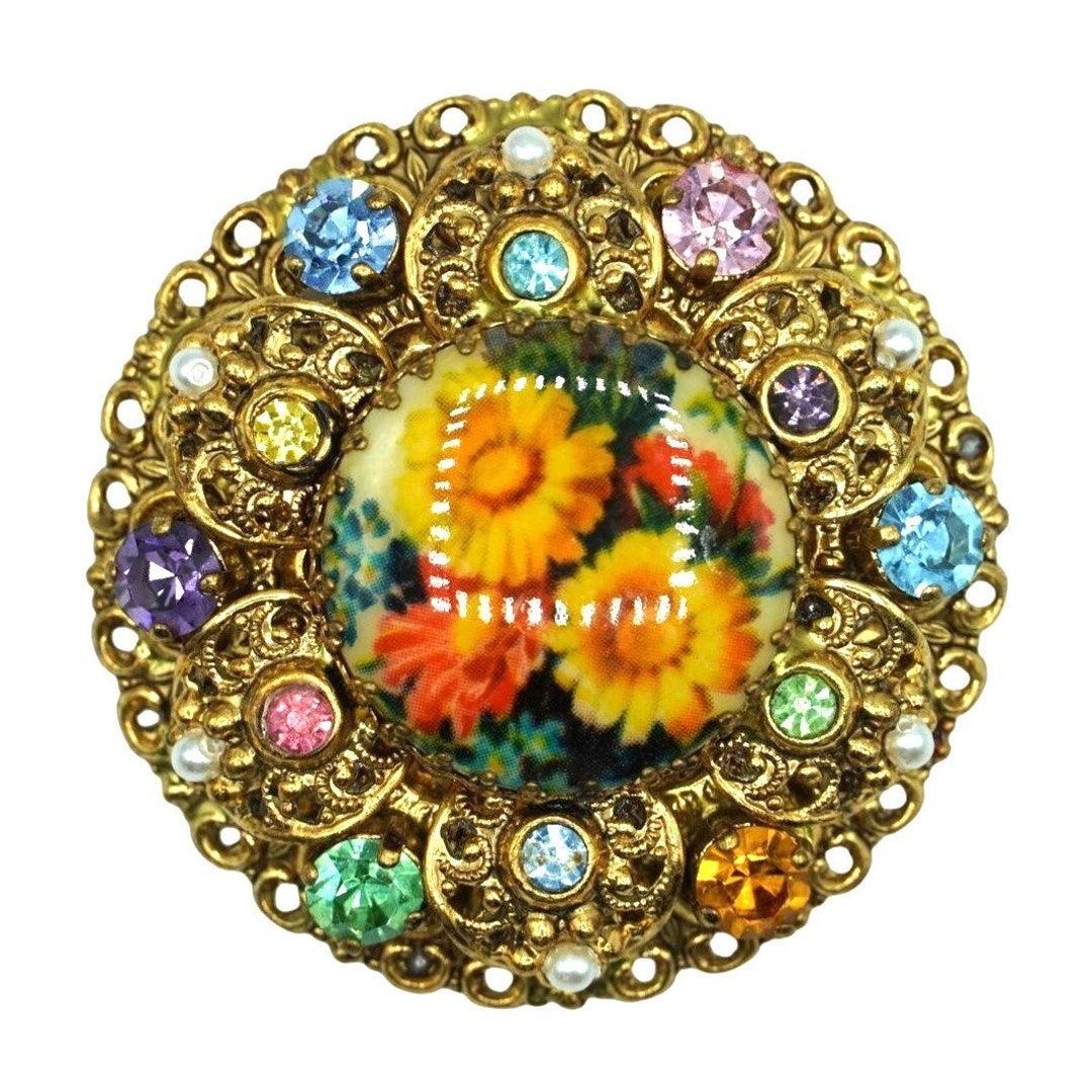 Vintage West Germany Brooch Pastel Rhinestones Floral Cabochon Jewelry ...
