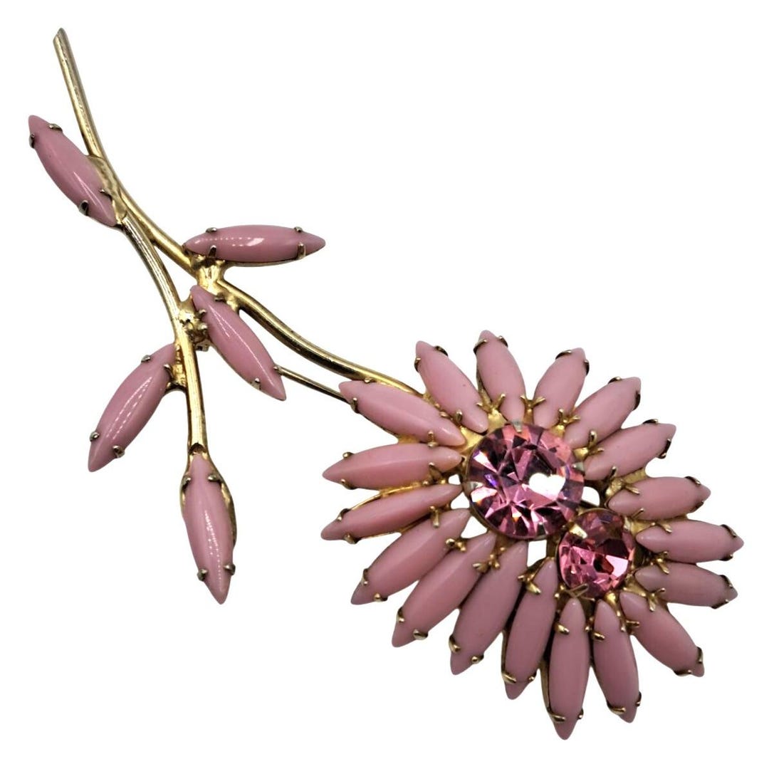 Vintage Pink Rhinestone Flower Brooch Floral Gold Tone Long Stem Pin ...