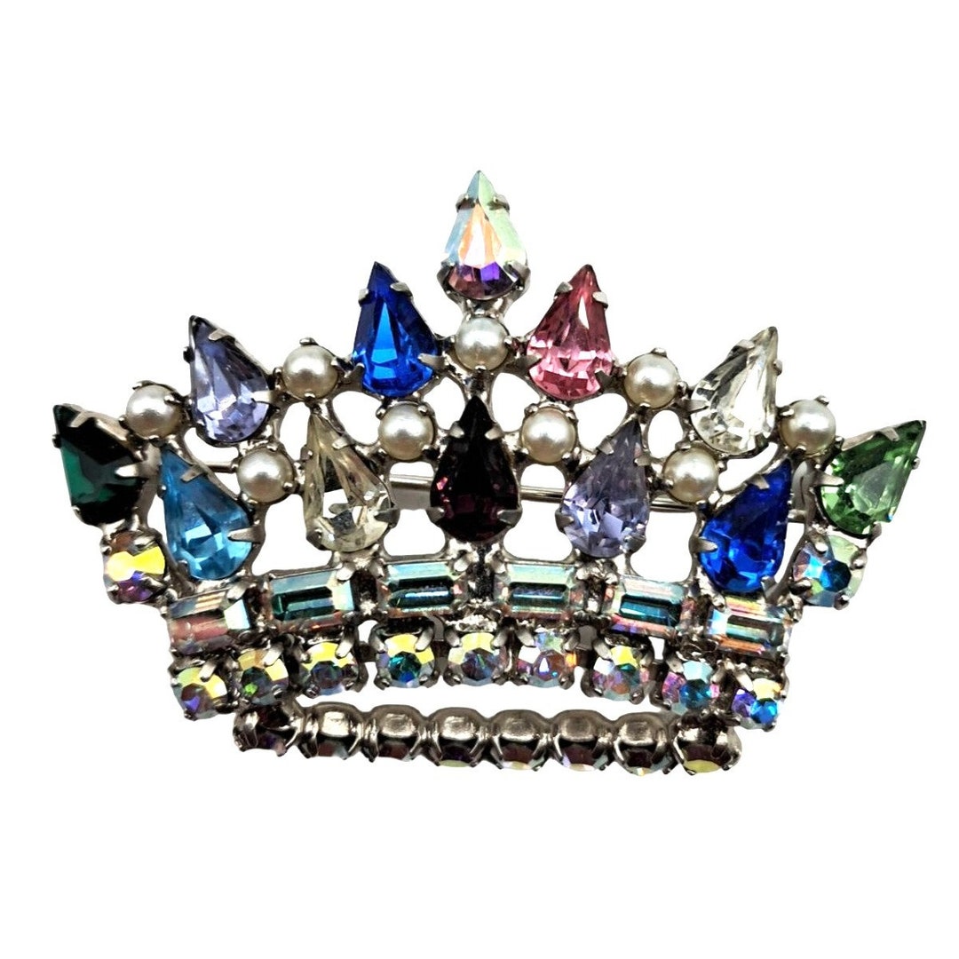 Vintage B David Crown Brooch Multicolored Rhinestones Faux Pearls ...