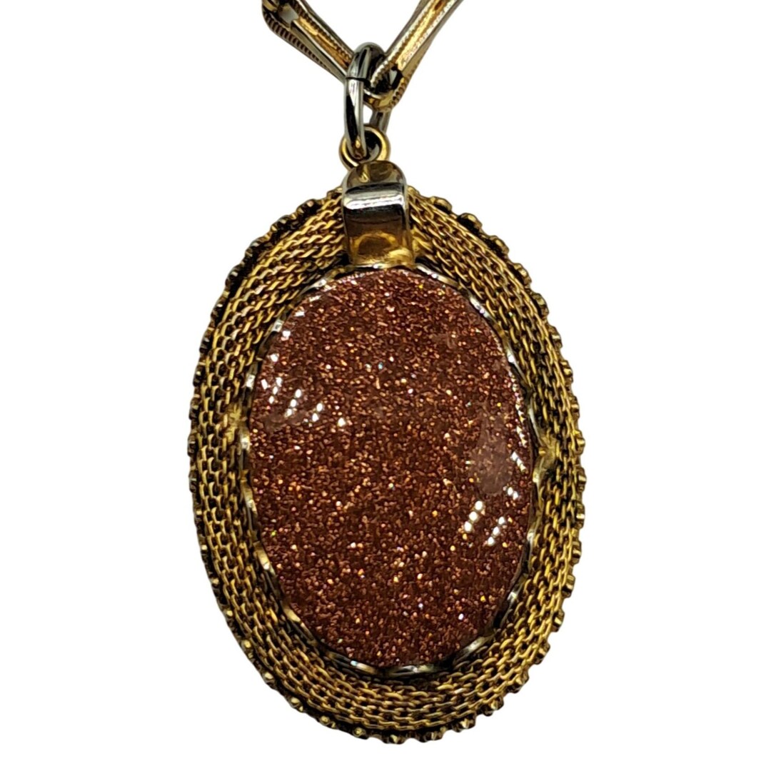 Vintage Goldstone Pendant Necklace Gold Tone Mesh and Chain Costume ...