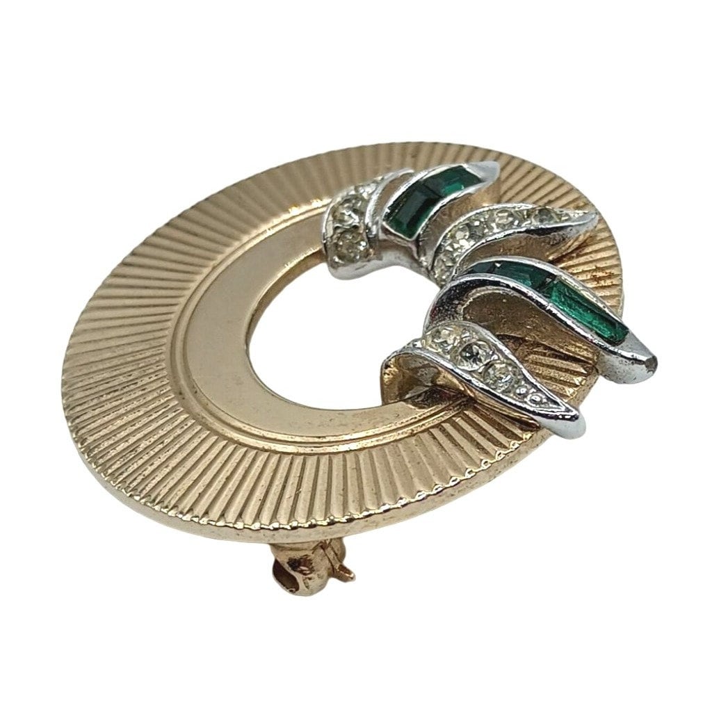 Vintage Boucher Brooch Green Clear Rhinestones Pleated Pin Signed ...