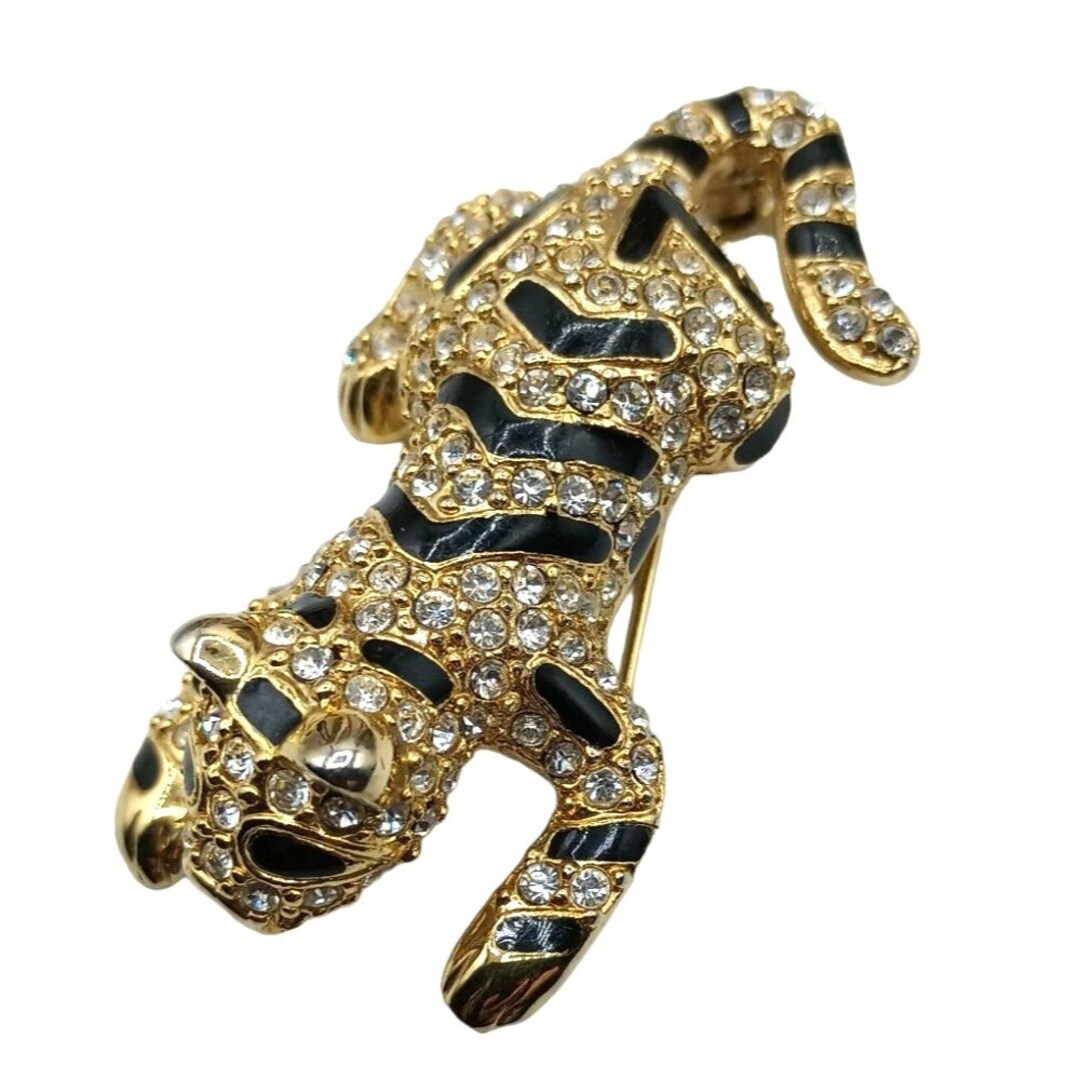 Vintage Crystal Tiger Brooch Black Enamel Gold Tone Figural Pin Jewelry ...