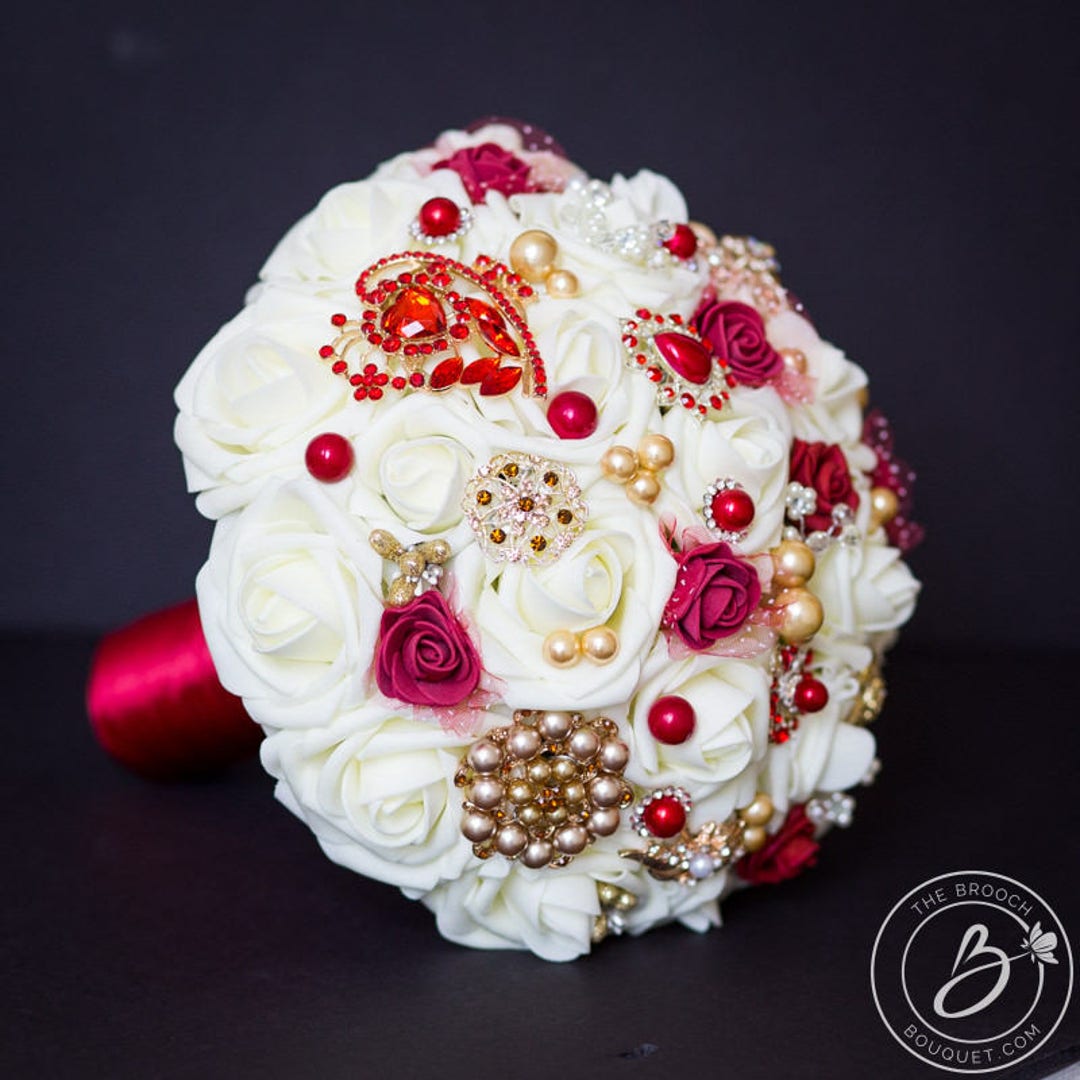 Brooch Wedding Bouquet, Red and Gold Bouquet, Broach Bridal Bouquet ...